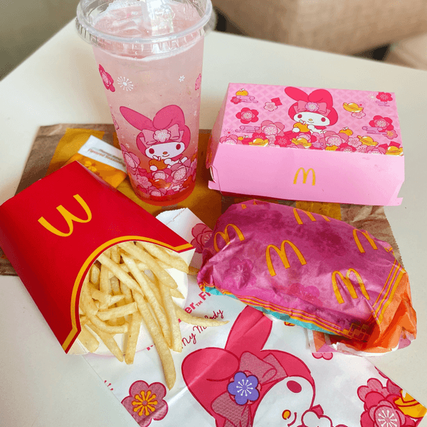 Melody開運餐 #MyMelodyLover 梗係要食個 #Melody開運餐 #黃金脆薯牛堡 #ShakeShake薯條 #白桃梳打 ...